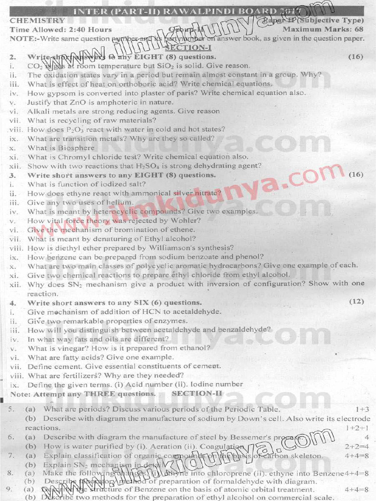 Past Papers 2017 Rawalpindi Board F.SC Part II Chemistry Group II ...