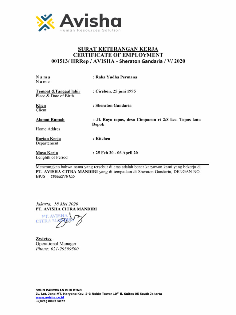 Paklaring avisha 0101 | PDF