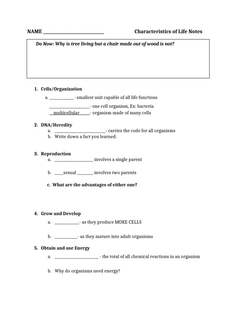 Characteristics of Life Notesheet 2020 | PDF
