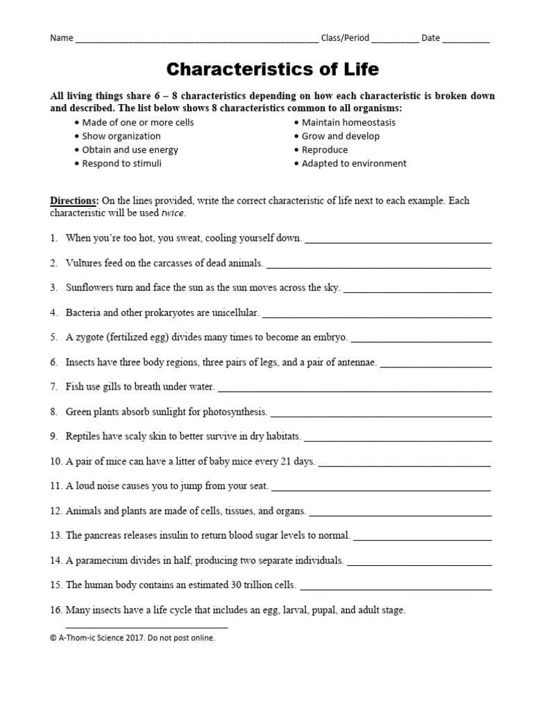 Characteristics of Life Worksheet 2019 | PDF