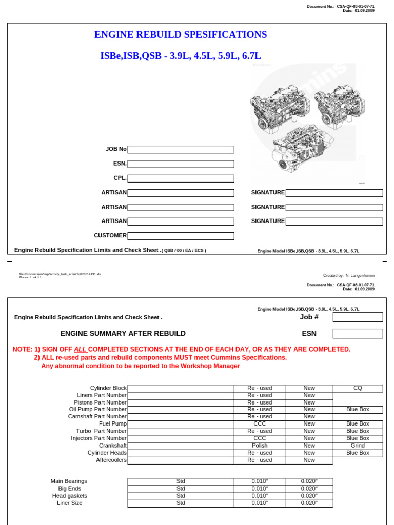 Cummins QSB 4.5 Engine Rebuild Specs | PDF | Machines | Vehicle Technology