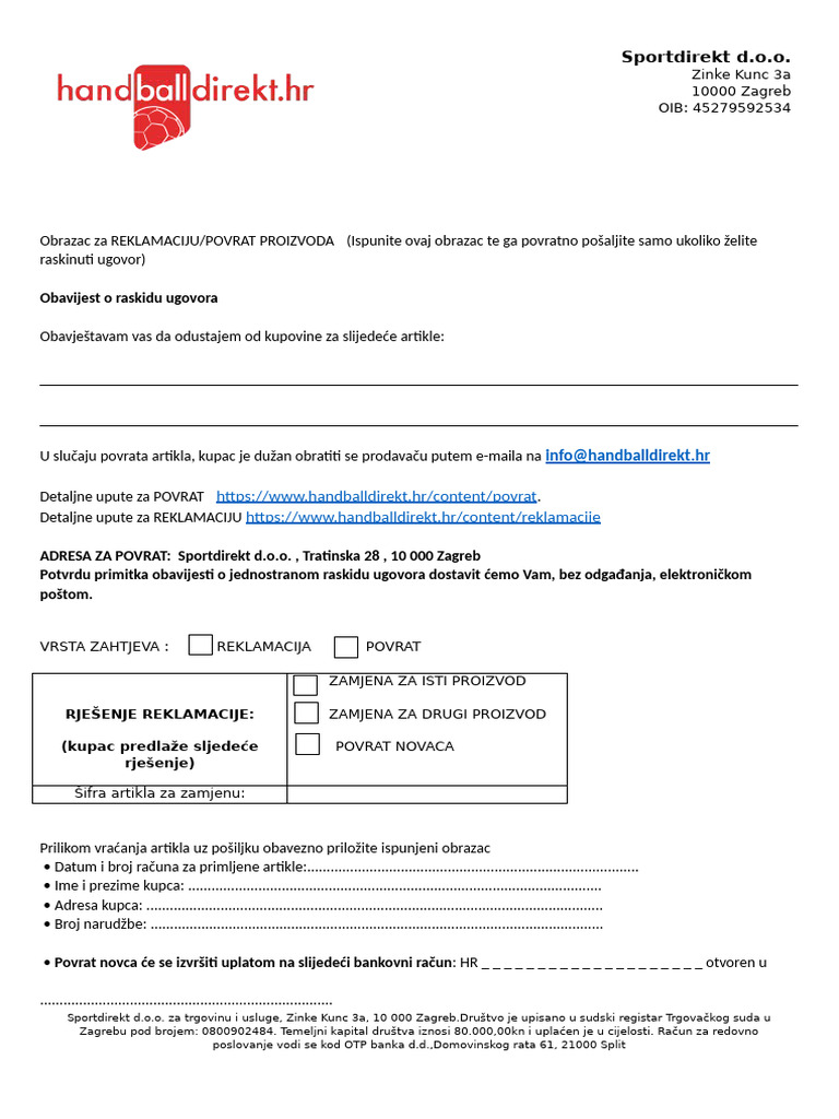 Web Zahtjev Za Reklamacije I Povrat | PDF