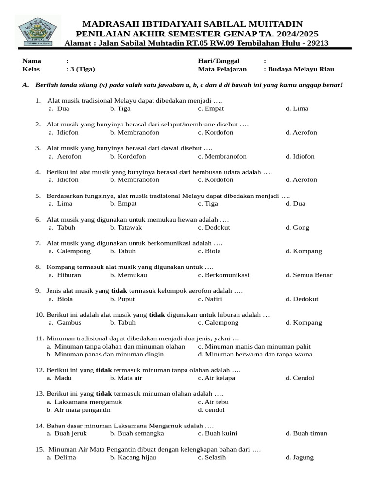 Soal Ujian BMR Kelas 3 | PDF