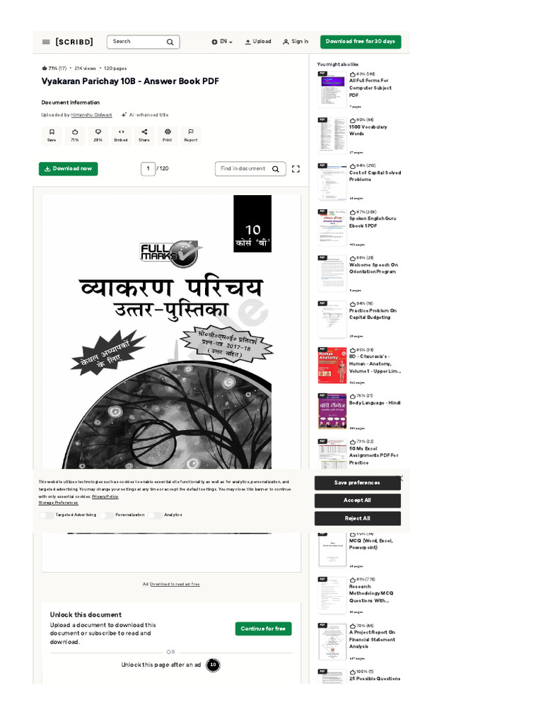 WWW Scribd Com Document 426706370 Vyakaran Parichay 10B Answer Book PDF | PDF | Scribd