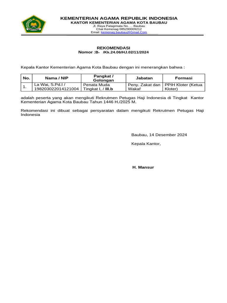 SURAT REKOMENDASI La Wai | PDF