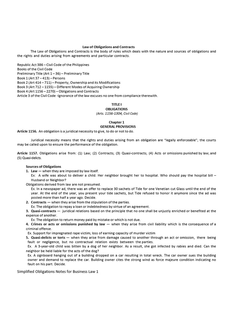 Business Law: Obligations Overview | PDF | Law Of Obligations | Legal ...