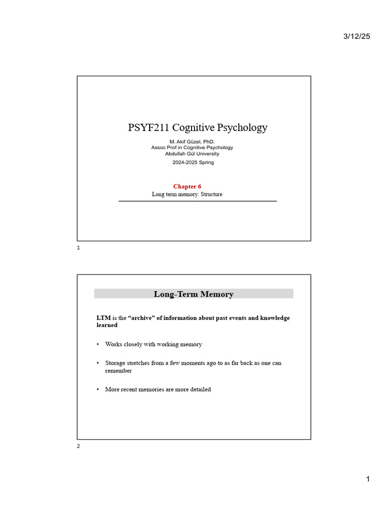 Handout 6 PSYF211 LTM Structure | PDF | Long Term Memory | Memory