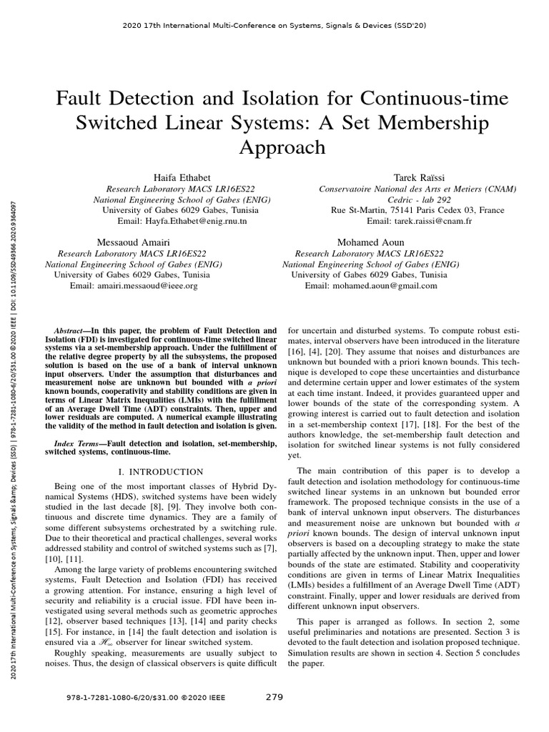 Fault Detection and Isolation For Continuous-Time Switched Linear Systems A Set Membership ...