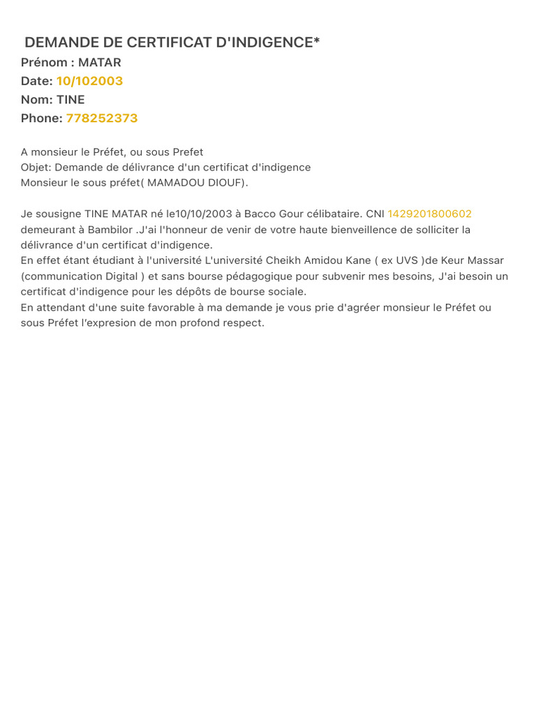 Demande de certificat d'indigence | PDF