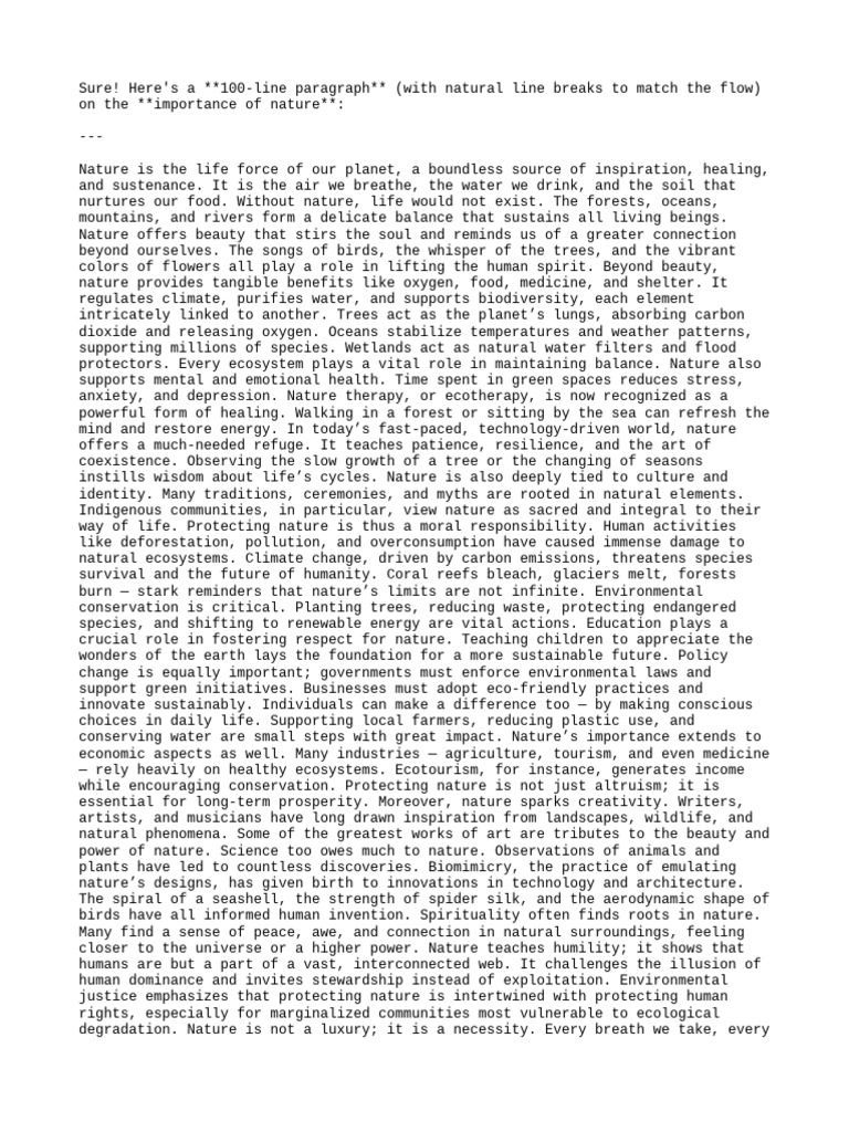 Importance of Nature in 100 Lines | PDF | Nature | Conservation Biology