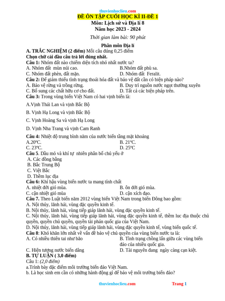 Bo de On Tap HK2 Dia Li 8 KNTT | PDF