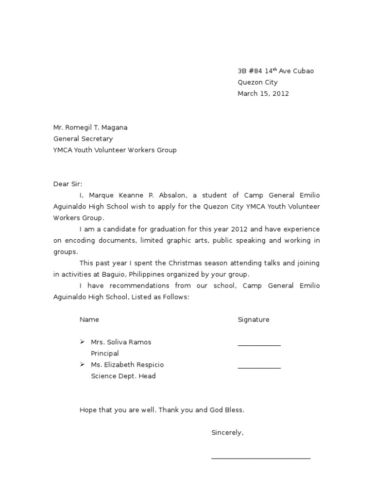 YMCA Youth Volunteer Application Letter | PDF