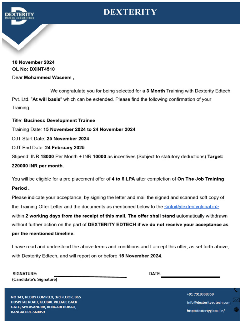Dexterity Offer Letter - Mohammed Waseem | PDF