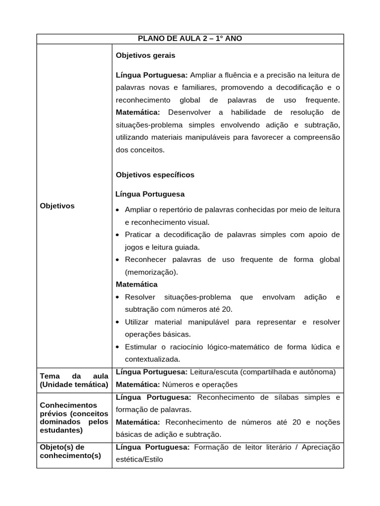 PLANO DE AULA 2 – 1° ANO | PDF | Matemática | Imagem
