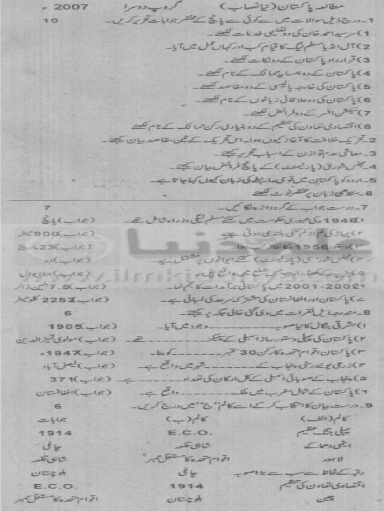 2nd Year Pak Study Group II Rawalpindi Board 2007 | PDF