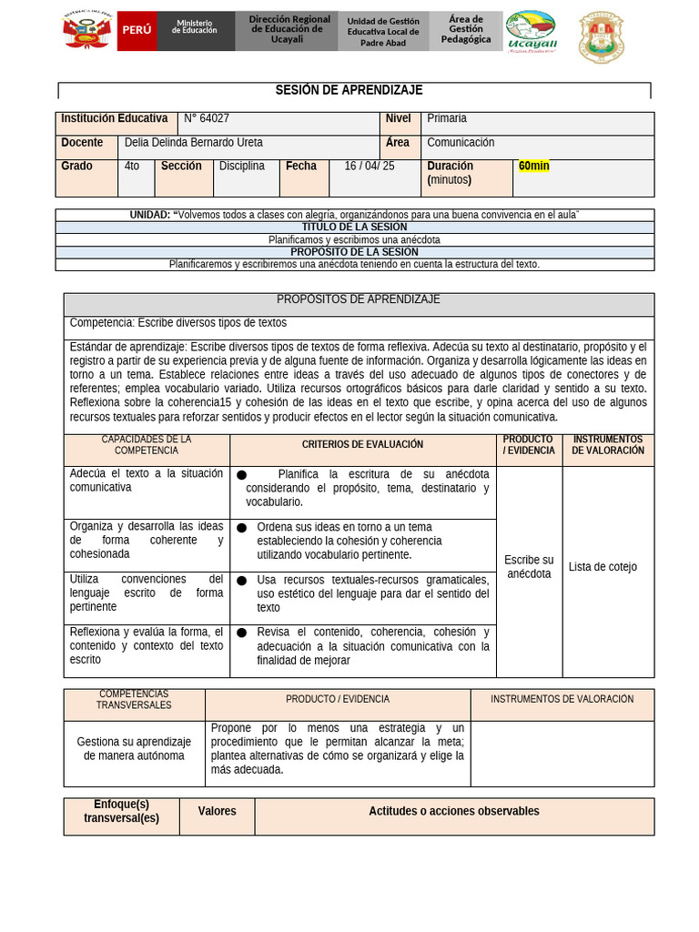Sesion de Apre - 16 Comuni. Escri-Anecdotas | PDF | Aprendizaje | Educación primaria