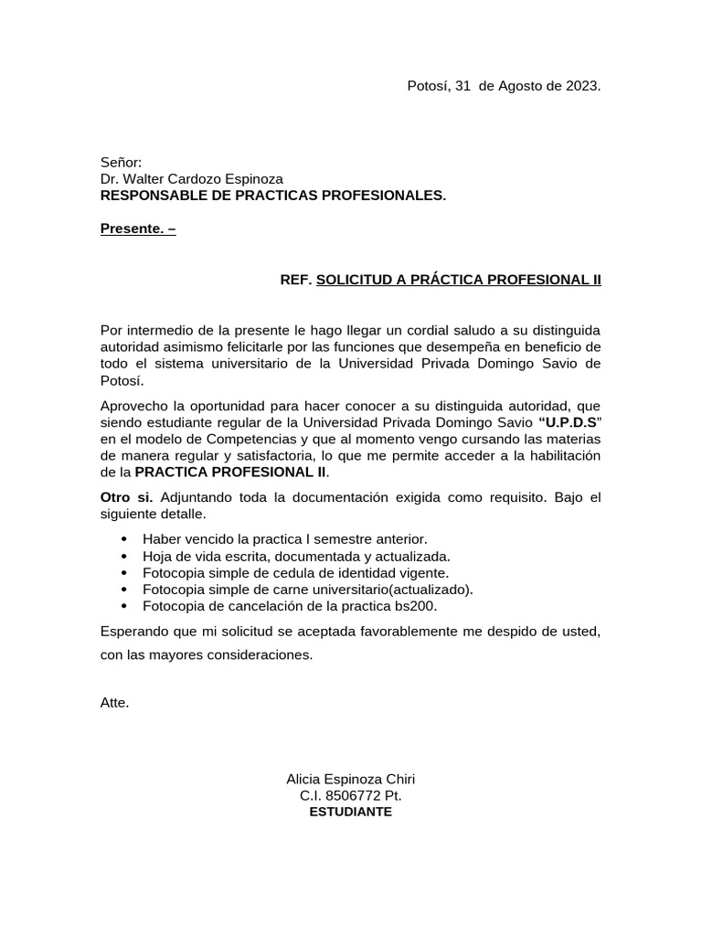 Upds Carta Practica Profesional | PDF