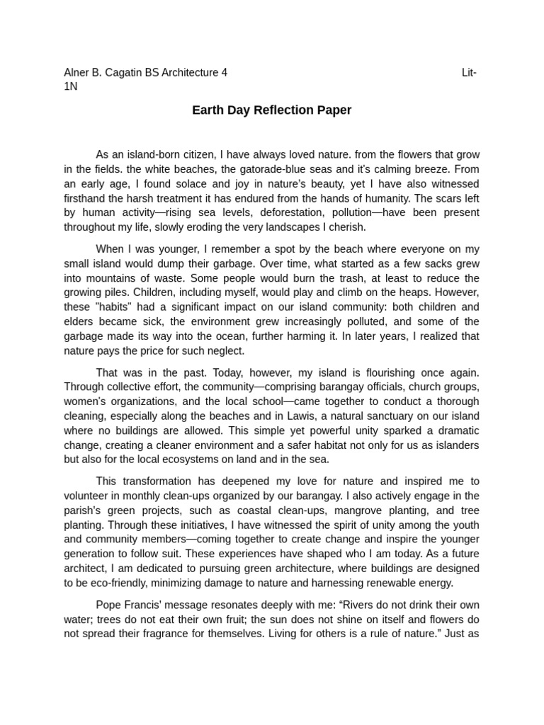 Earth Day Reflection Paper | PDF | Nature | Environment