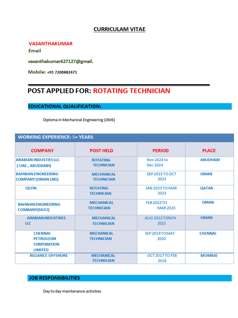 Vasanthakumar Rotating Technician | PDF | Pump | Valve