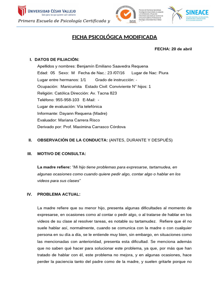 Ficha Psicológica Modificada | PDF | Sicología | Comportamiento