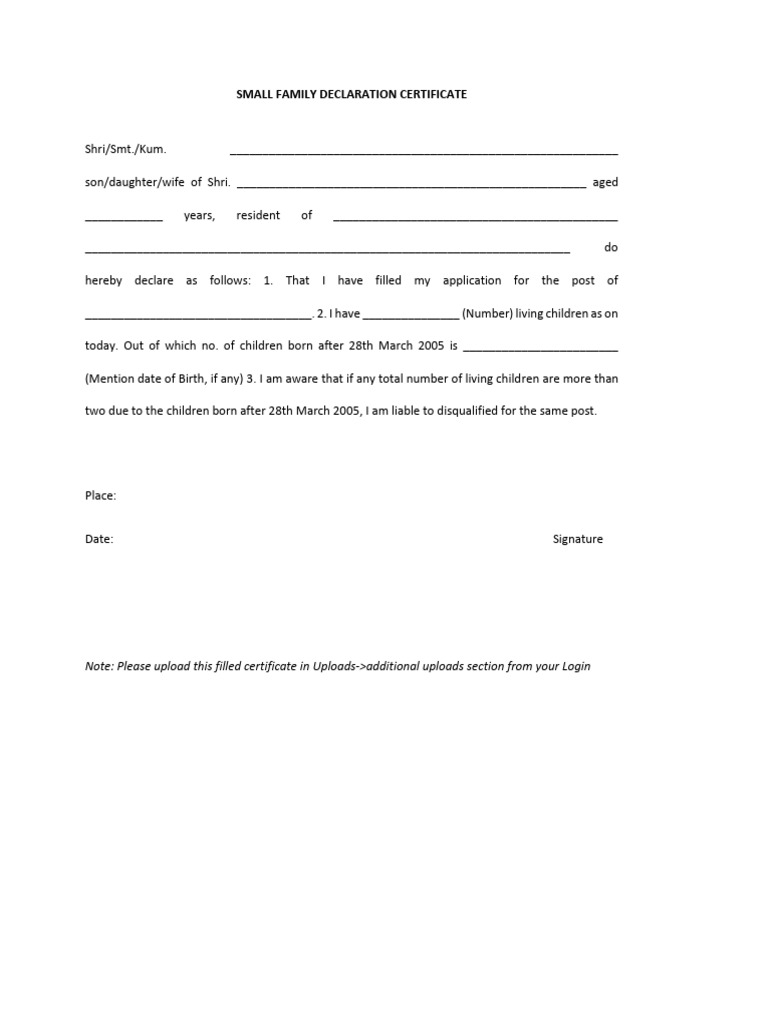 Small Family Declaration Certificate | PDF