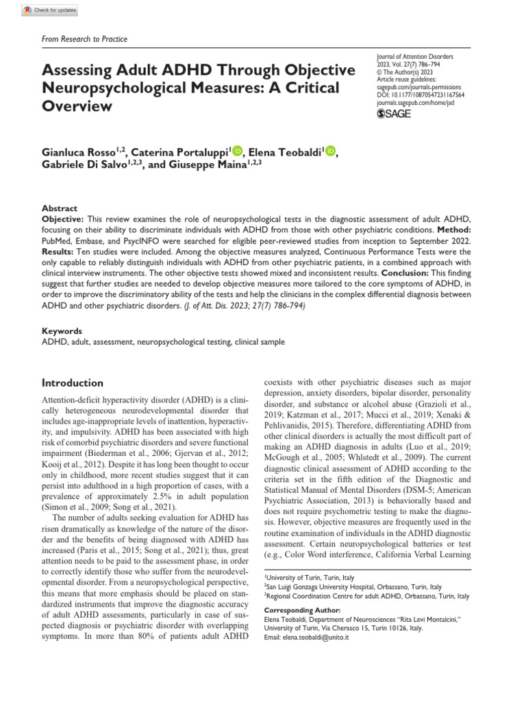 Rosso Et Al 2023 Assessing Adult Adhd Through Objective Neuropsychological Measures A Critical ...