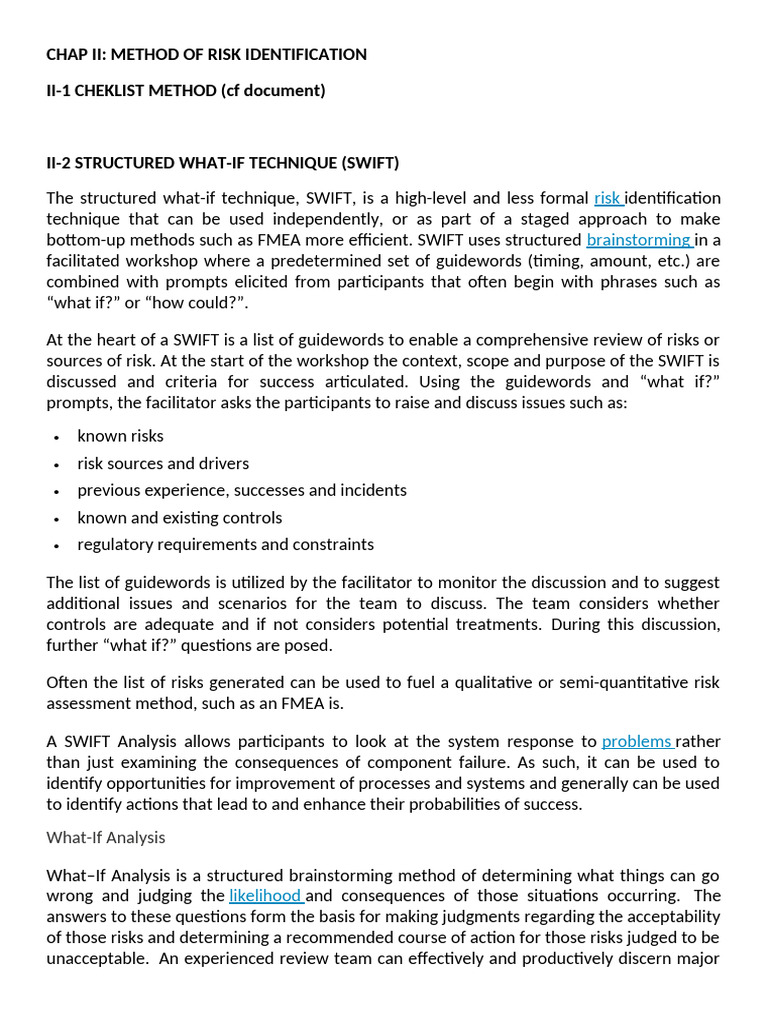 Risk Identification Methods: SWIFT Analysis | PDF | Risk | Risk Assessment