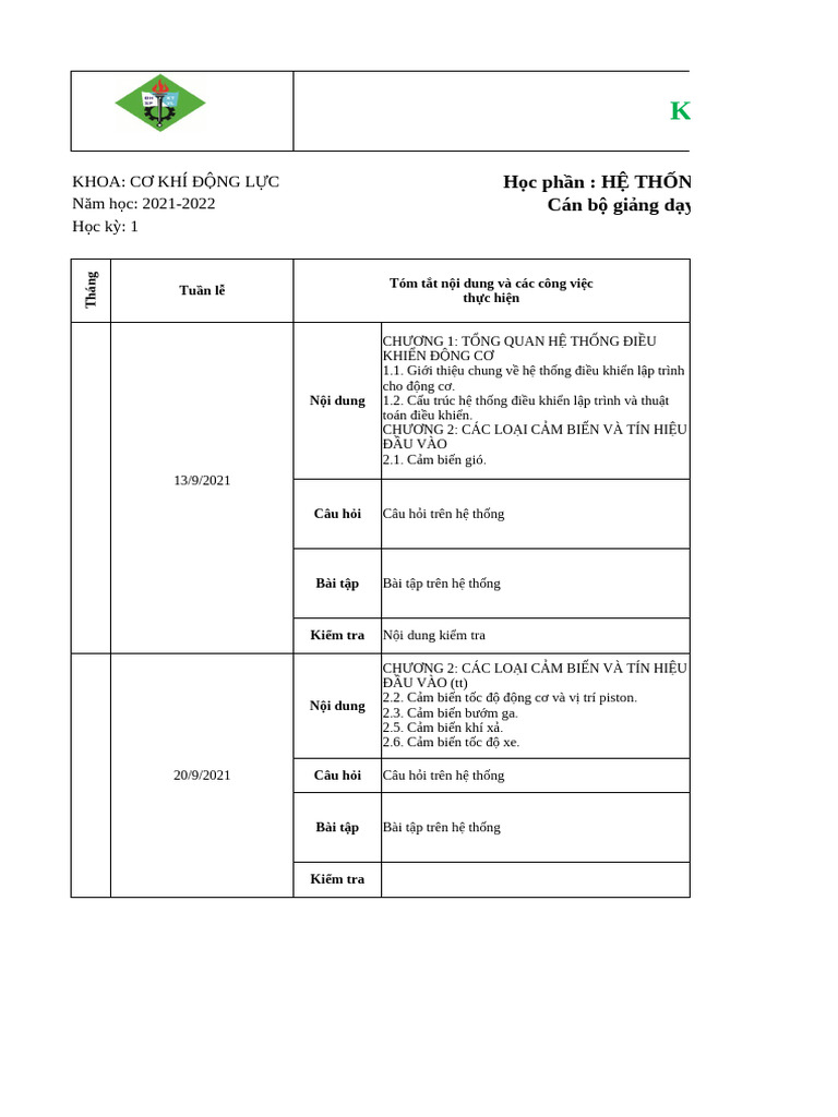 Ke Hoach Hoc Tap Hp Ht Dieu Khien Dong Co | PDF