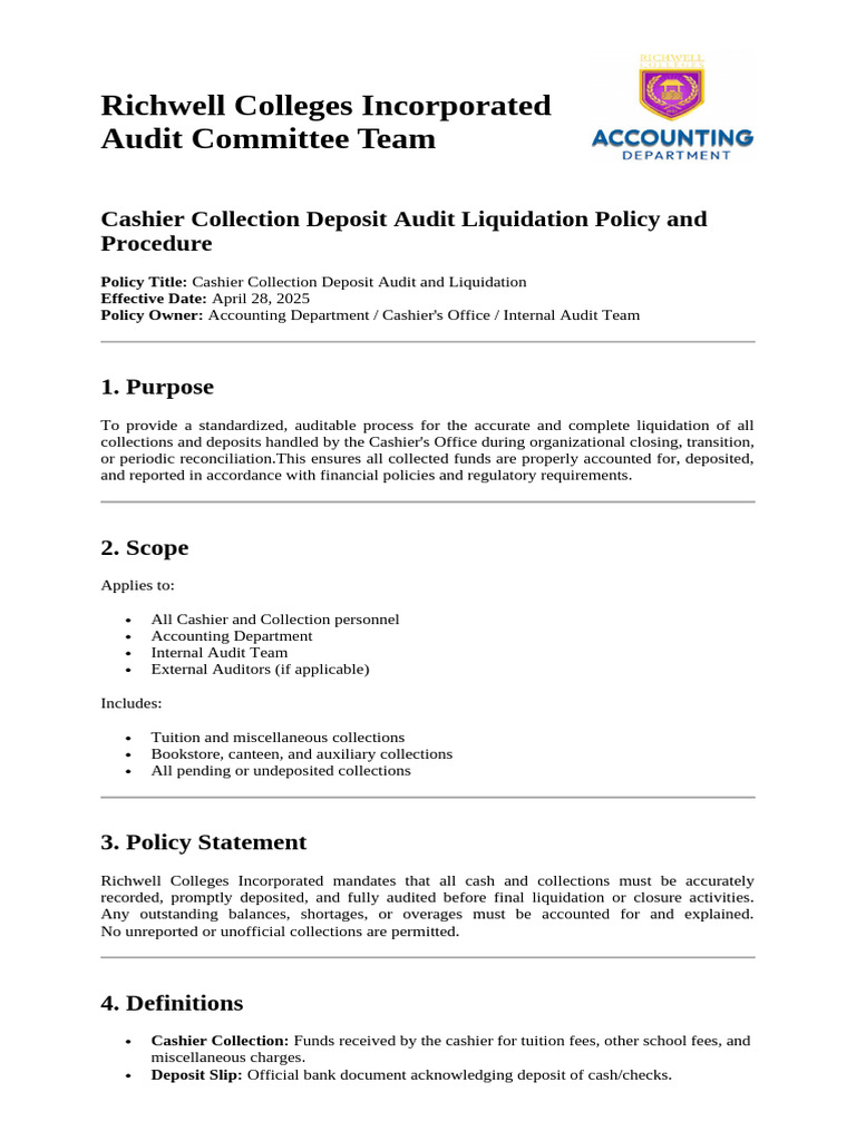 Cashier Deposit Audit Policy Guide | PDF | Audit | Internal Audit
