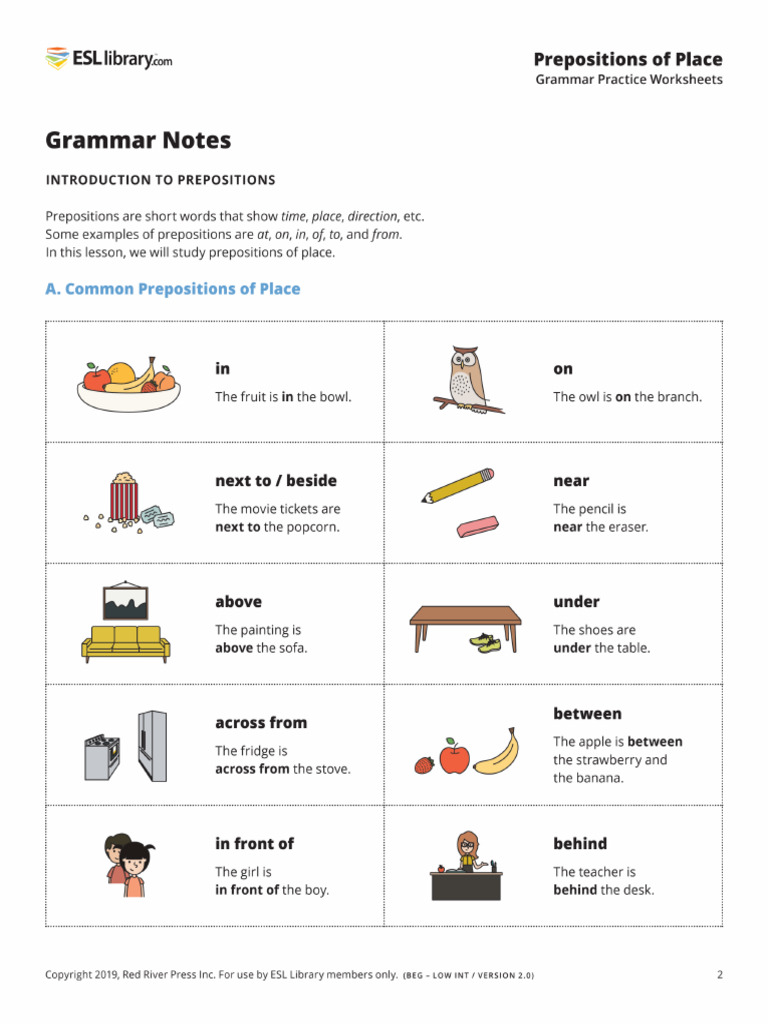 Prepositions of Place Lesson | PDF