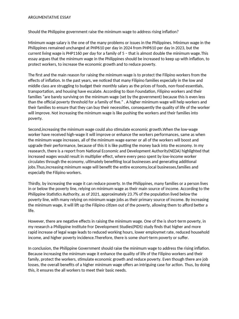 Argumentative Essay Sample | PDF | Minimum Wage | Poverty