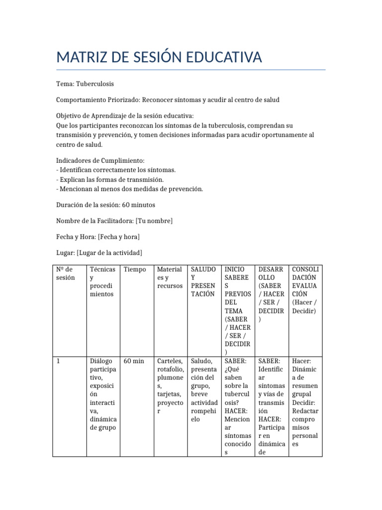 Matriz Sesion Tuberculosis | PDF | Aprendizaje