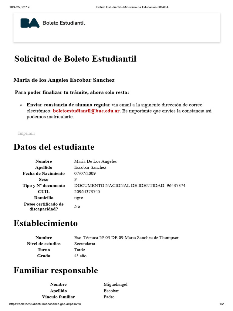 Boleto Estudiantil - Ministerio de Educación GCABA | PDF