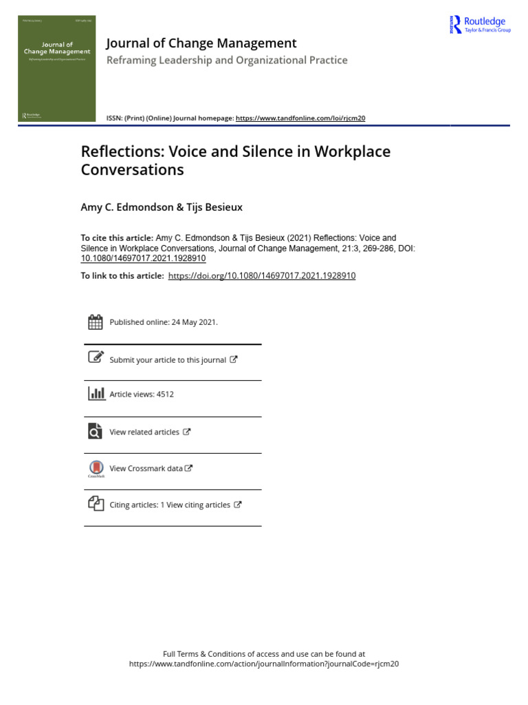 Reflections - Voice and Silence in Workplace Conversations | PDF | Leadership | Risk