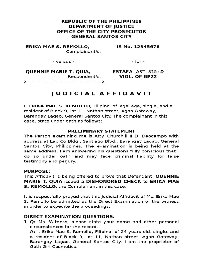Form 5.) Judicial Affidavit - Estafa and BP22 | PDF | Affidavit | Banks
