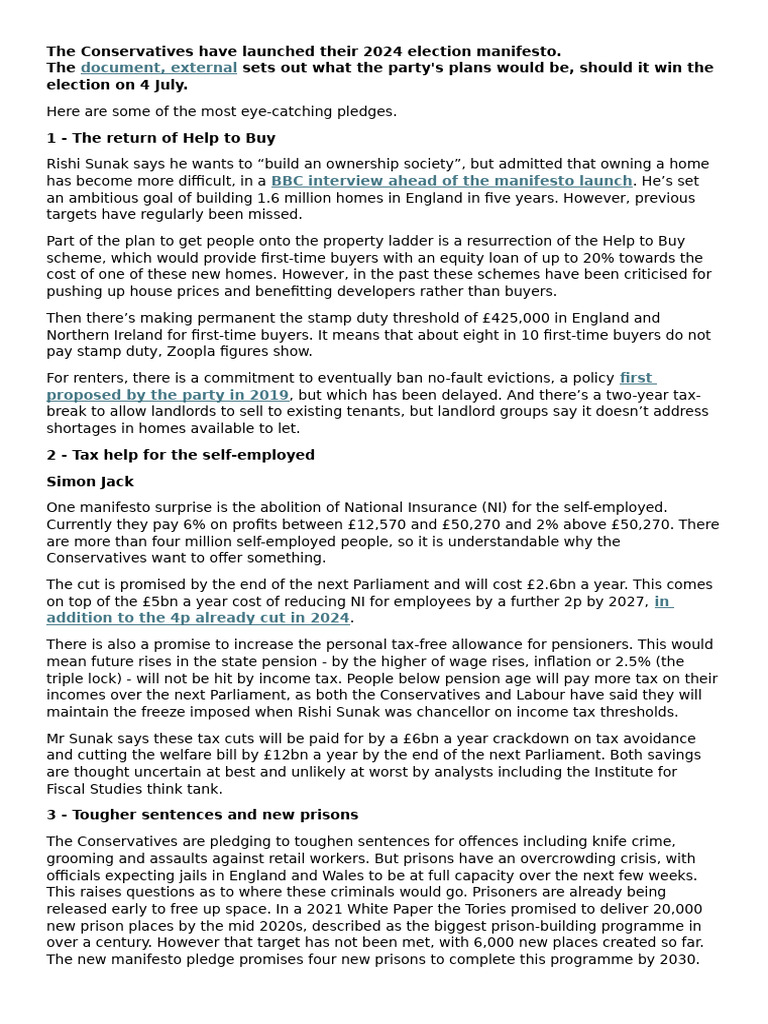 Conservative Manifesto 2024 Highlights | PDF | Conservative Party (Uk ...