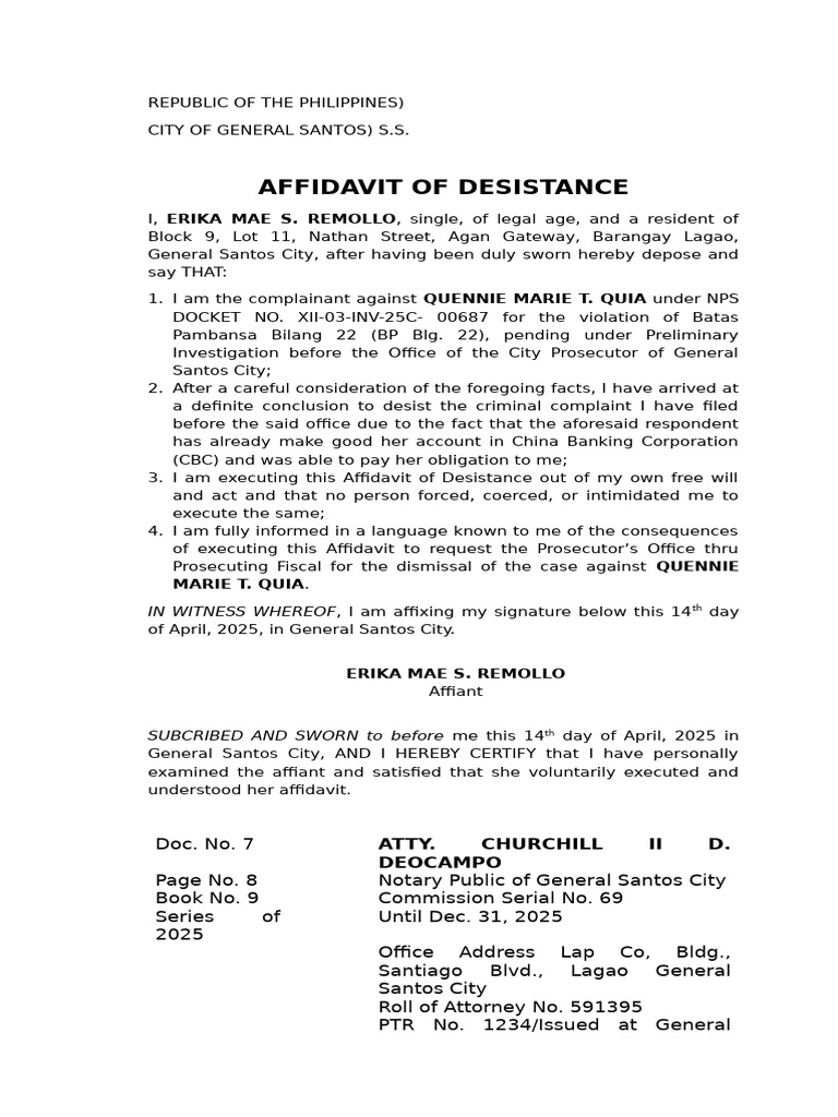 Affidavit of Desistance by Remollo | PDF