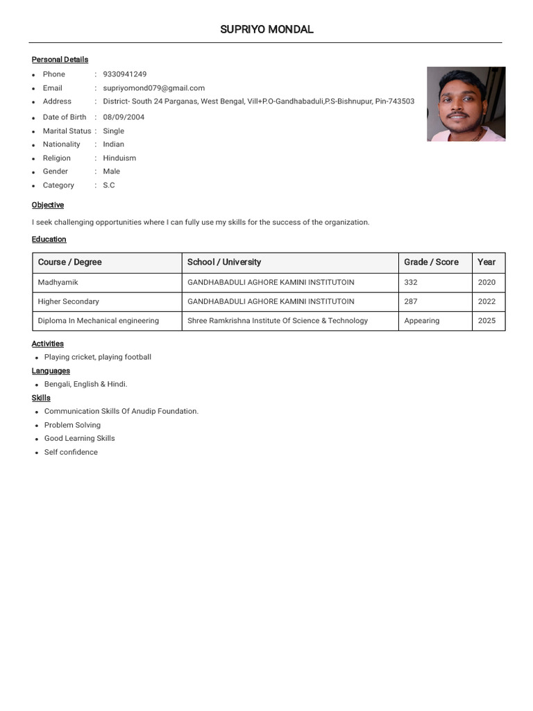Supriyo Mondal: Resume Overview | PDF