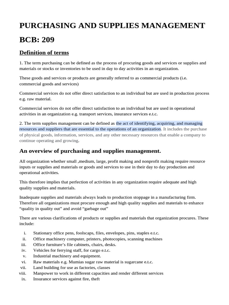 Purchasing and Supplies Management BCB 209 Word | PDF | Procurement ...