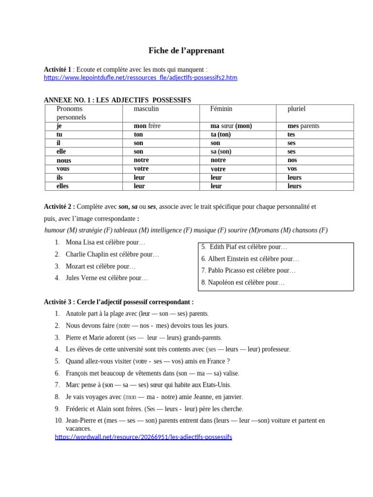 Fiche de L'apprenant L'adjectif Possessif | PDF
