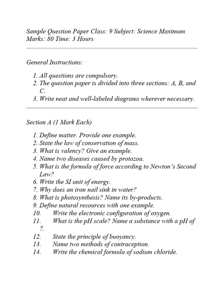 Sample Question Paper Class | PDF | Weight | Chemical Substances