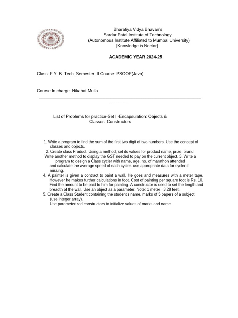 Practice Set I PSOOP Java 2024 25 | PDF