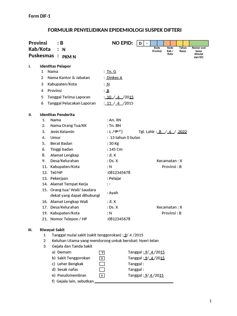 Form DIF-1 - Formulir Penyelidikan Epidemiologi Difteri | PDF