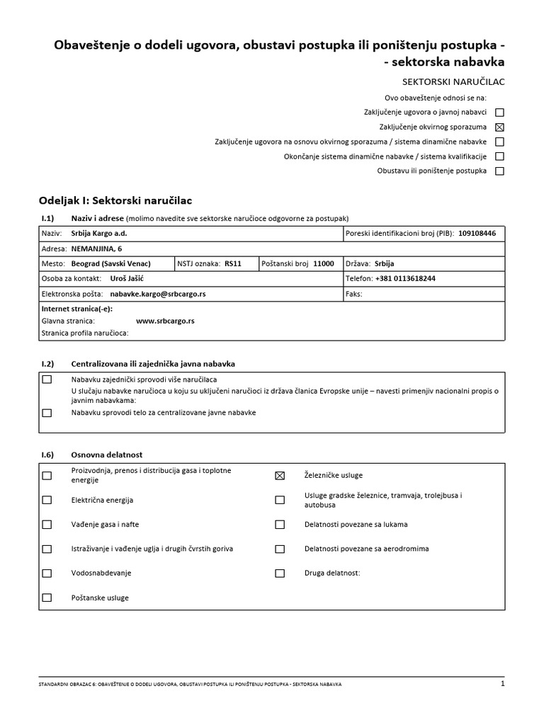 Obaveštenje o Dodeli Ugovora, Obustavi Ili Poništenju (Sektorski ...