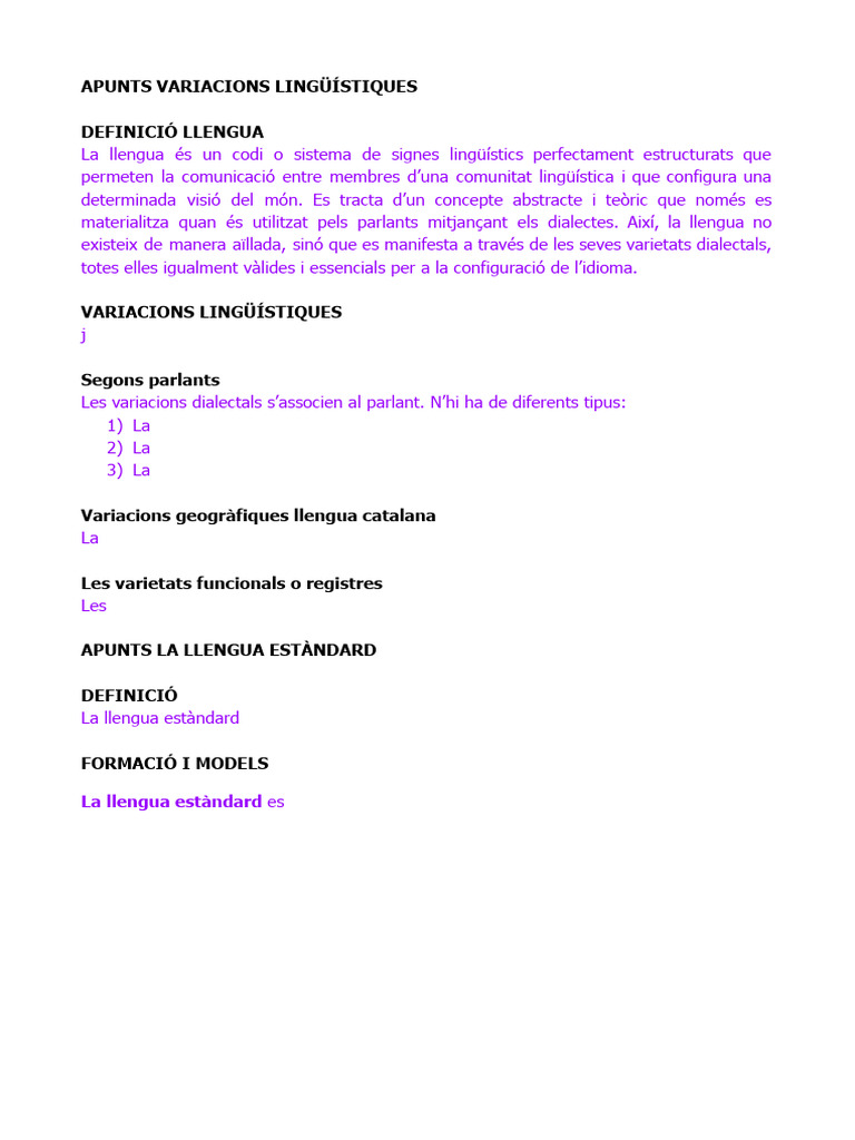 Esquema APUNTS VARIACIONS LINGÜÍSTIQUES I LA LLENGUA ESTÀNDARD | PDF