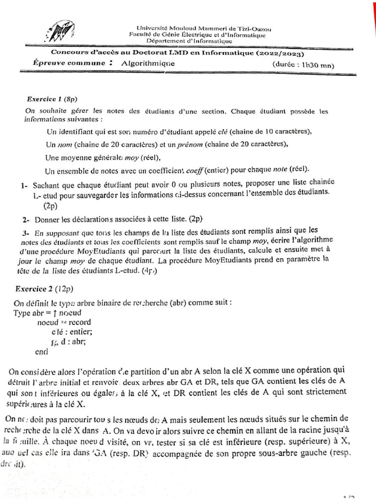 Epreuve Algorithmique Concours de Doctorat Univ Tizi-Ouzou 2022-2023 (Tchi Drive) | PDF
