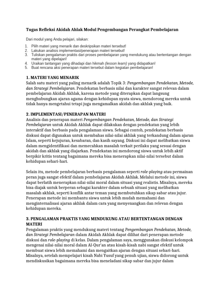 Tugas Refleksi Akidah Ahlak Modul Pengembangan Perangkat Pembelajaran (PPP) | PDF