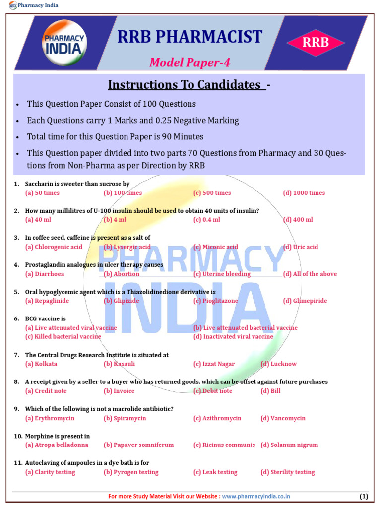 RRB Pharmacist Model Question Paper 2025 | PDF