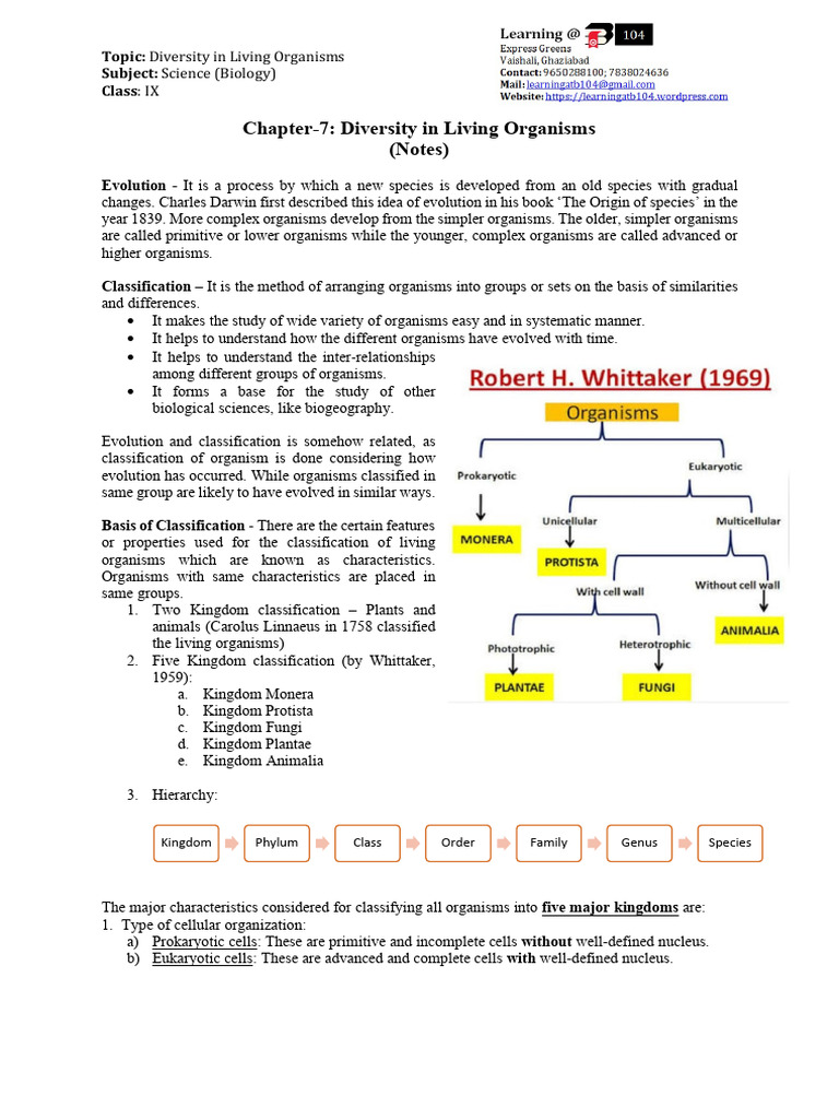 Class 11 Notes on Organism Diversity | PDF | Cell (Biology) | Plants