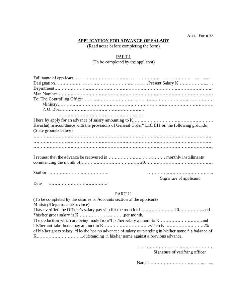 Application For Advance of Salary Acct Form 55 | PDF | Payments